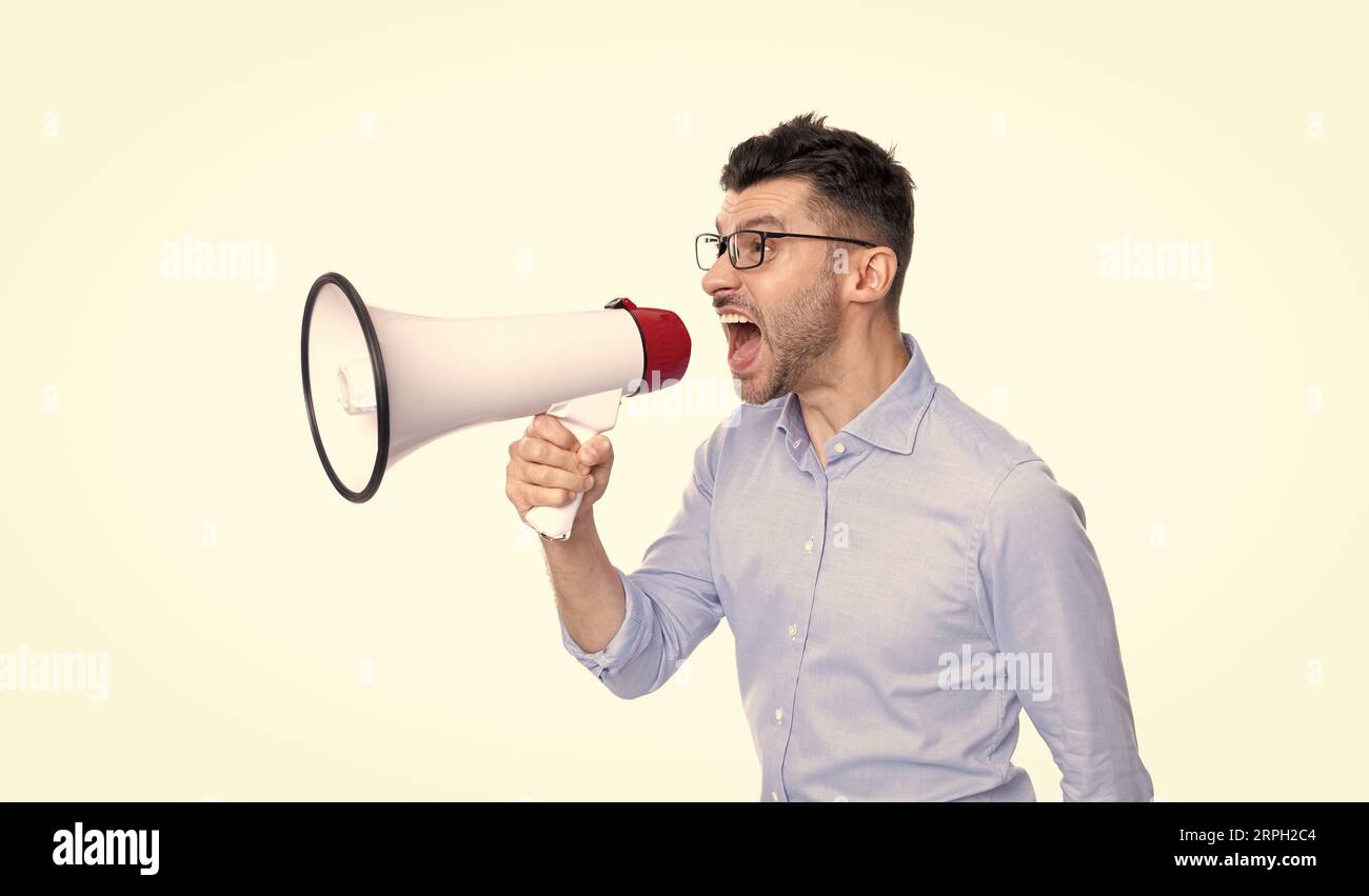 angry man announcing with megaphone isolated on white background. man ...