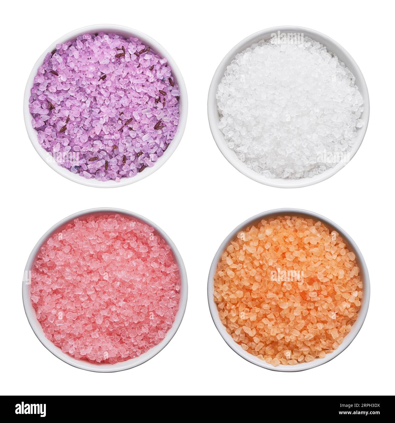 SPA concept. Collage, Set of bath salt in bowl isolated over white. Top ...