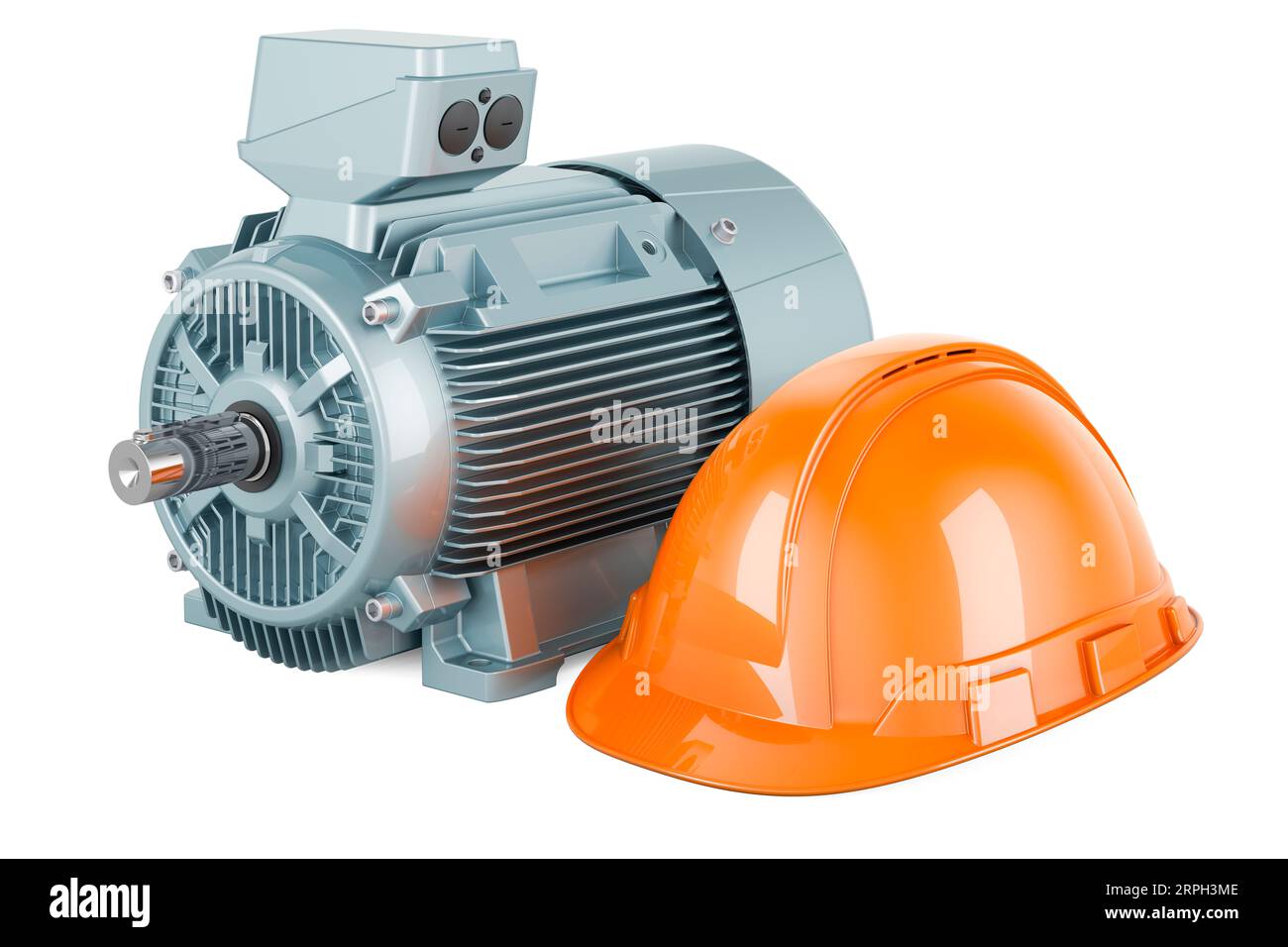 Electric motor with orange hard hat, 3D rendering isolated on white ...