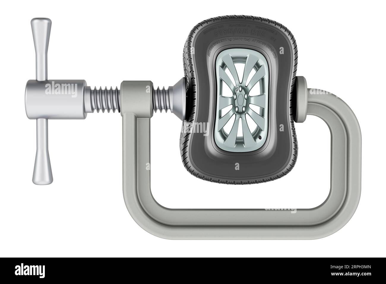 Car wheel in a clamp concept, 3D rendering isolated on white background ...