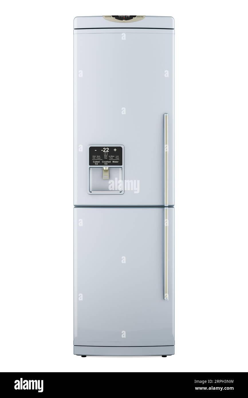 Refrigerator, metallic fridge. 3D rendering isolated on white ...