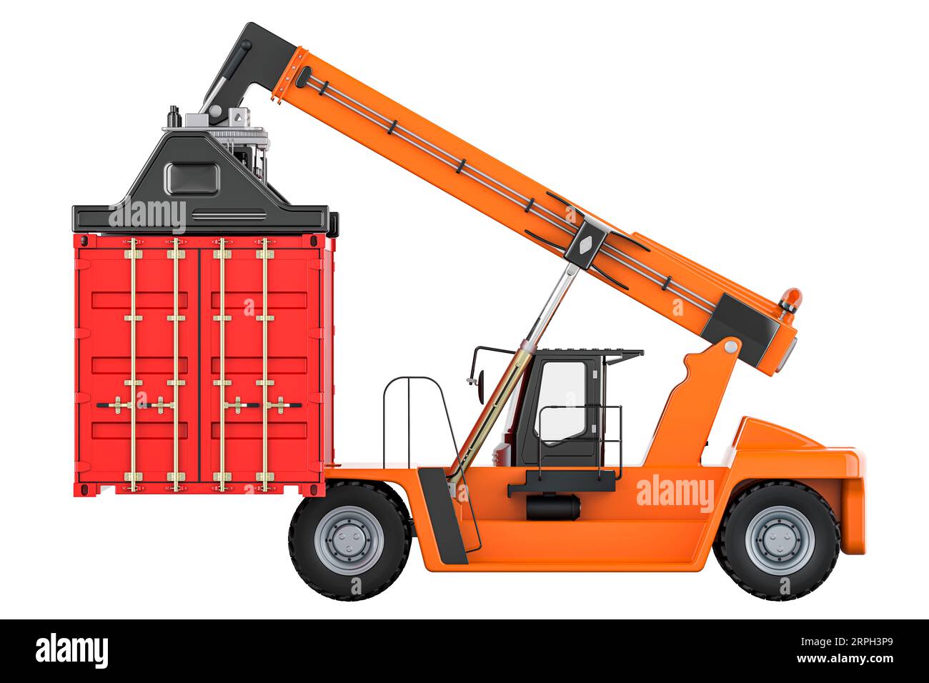 Reach stacker with cargo container, 3D rendering isolated on white background Stock Photo - Alamy