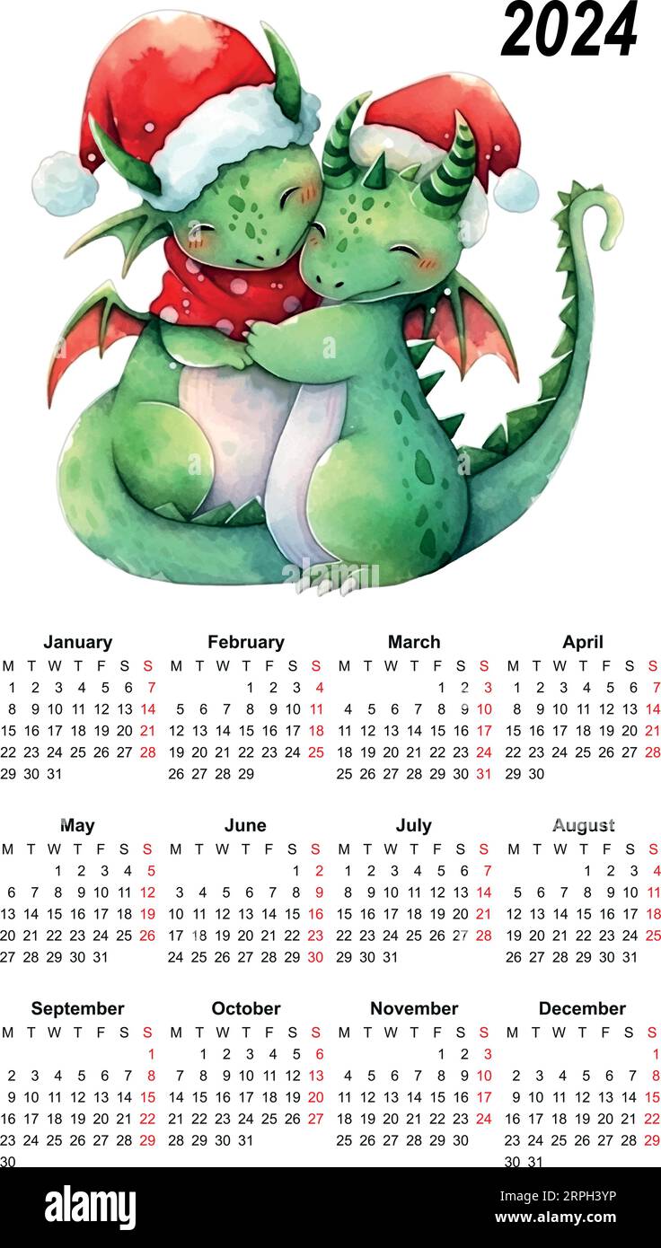 Calendar 2024 dragon watercolor chinese template Stock Vector Image ...