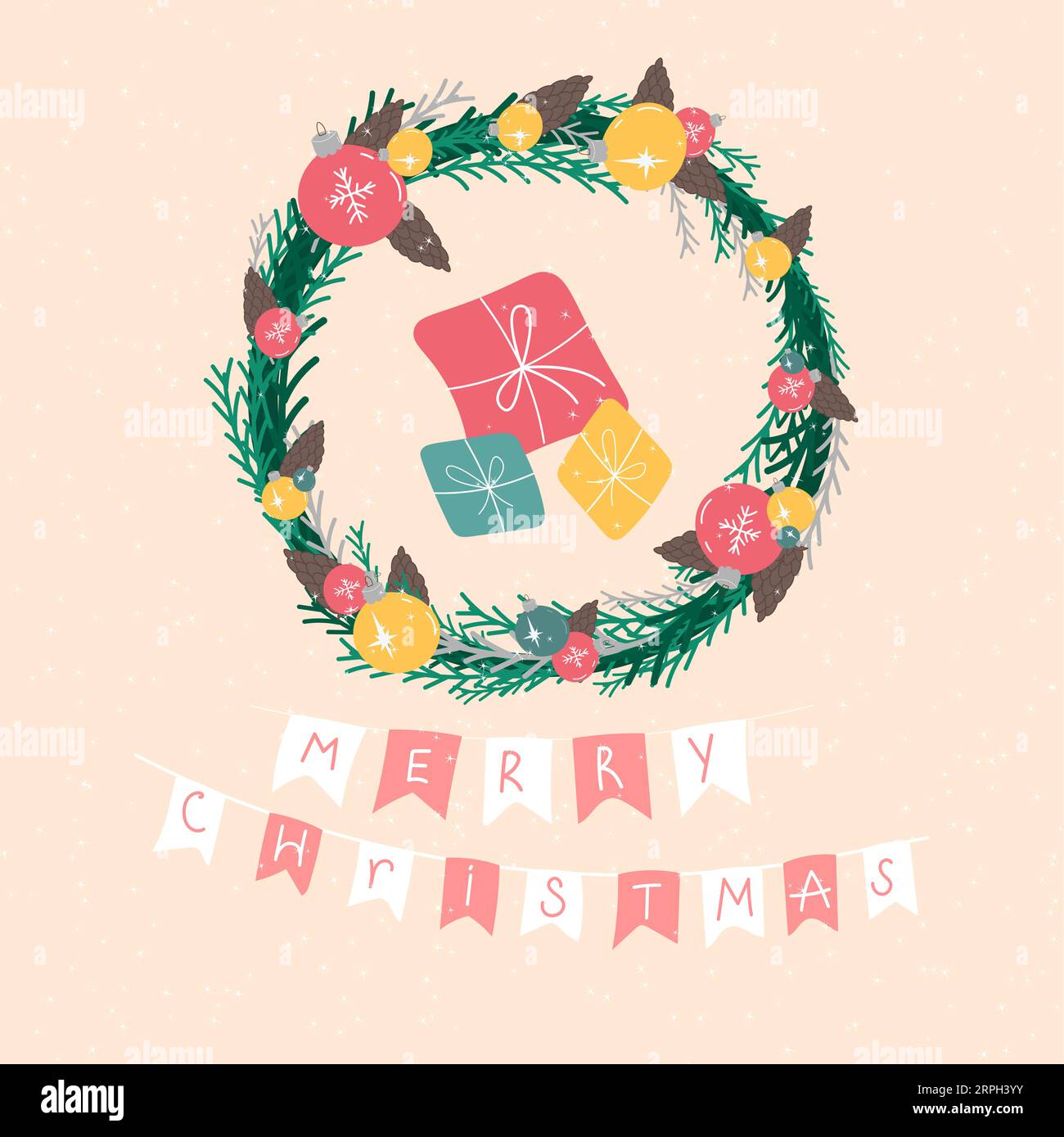 Christmas card with a Christmas wreath and gifts on a beige background ...