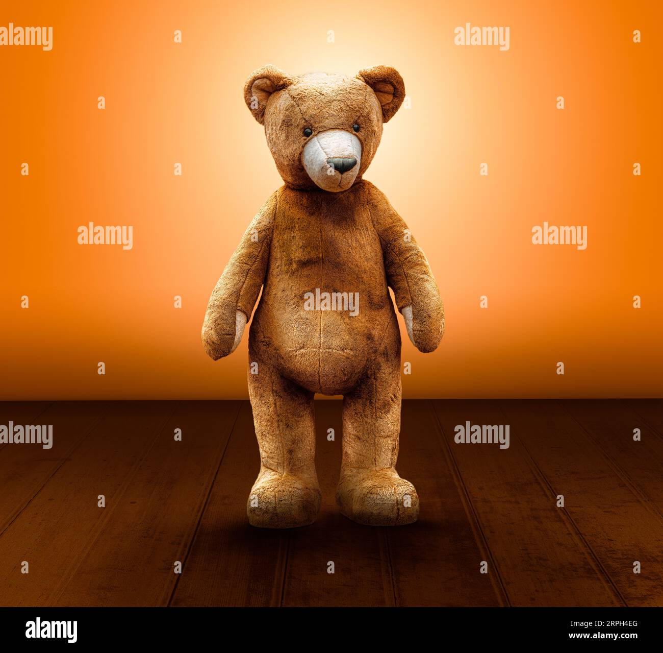 cute teddy bear stands in front of an orange wall and wooden floor ...