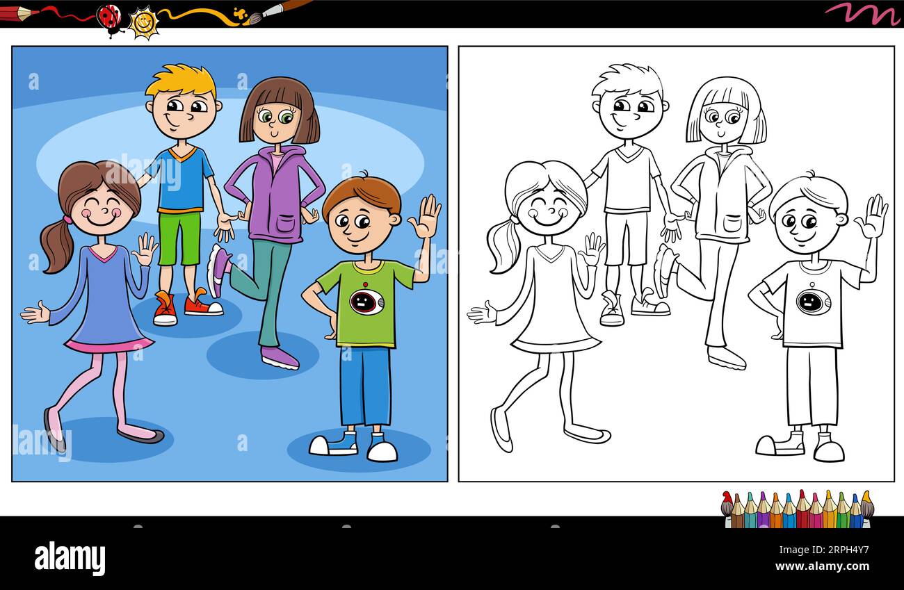 Cartoon illustrations of funny children or teens comic characters group ...