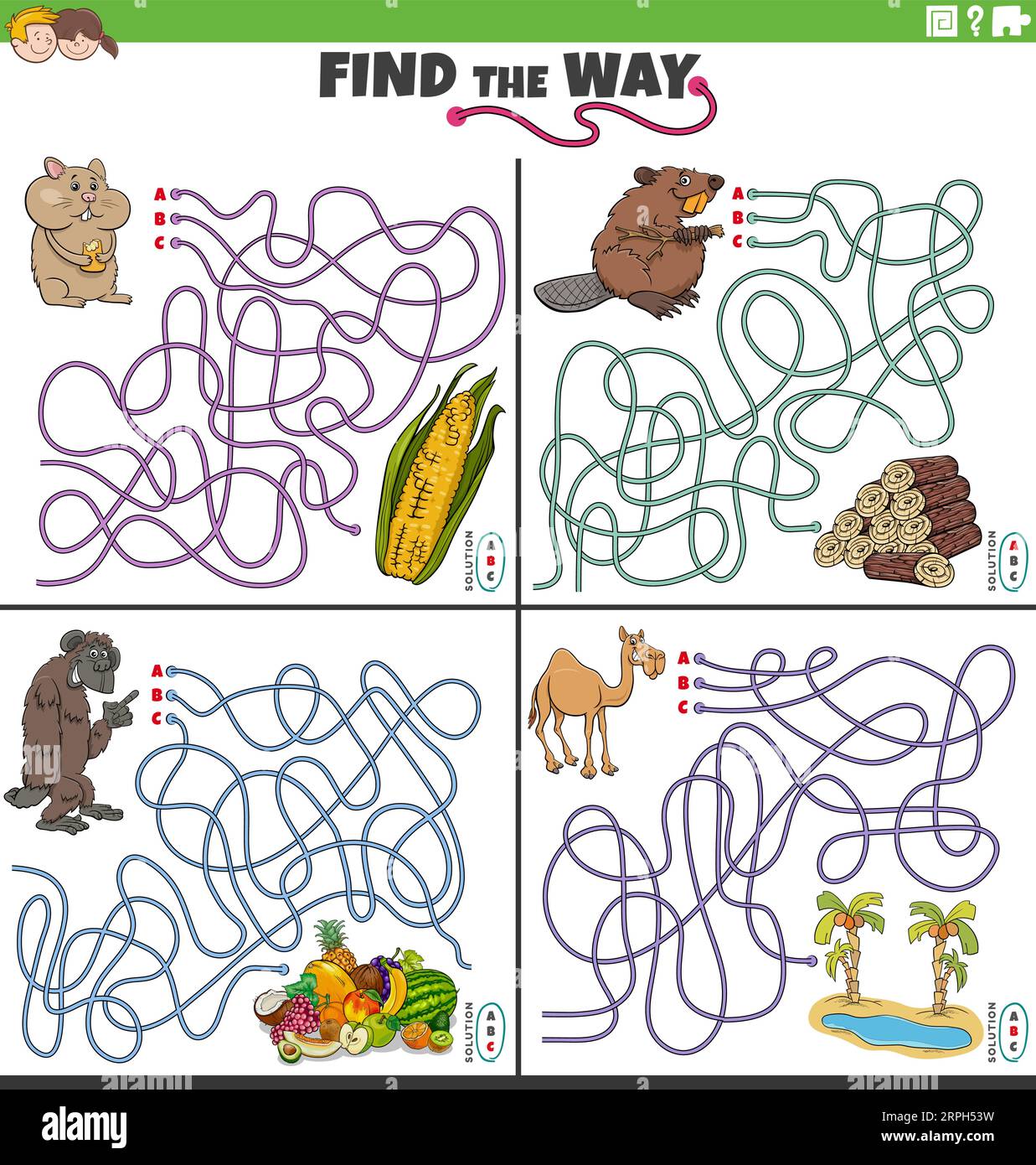 Cartoon illustration of find the way maze puzzle games set with funny ...