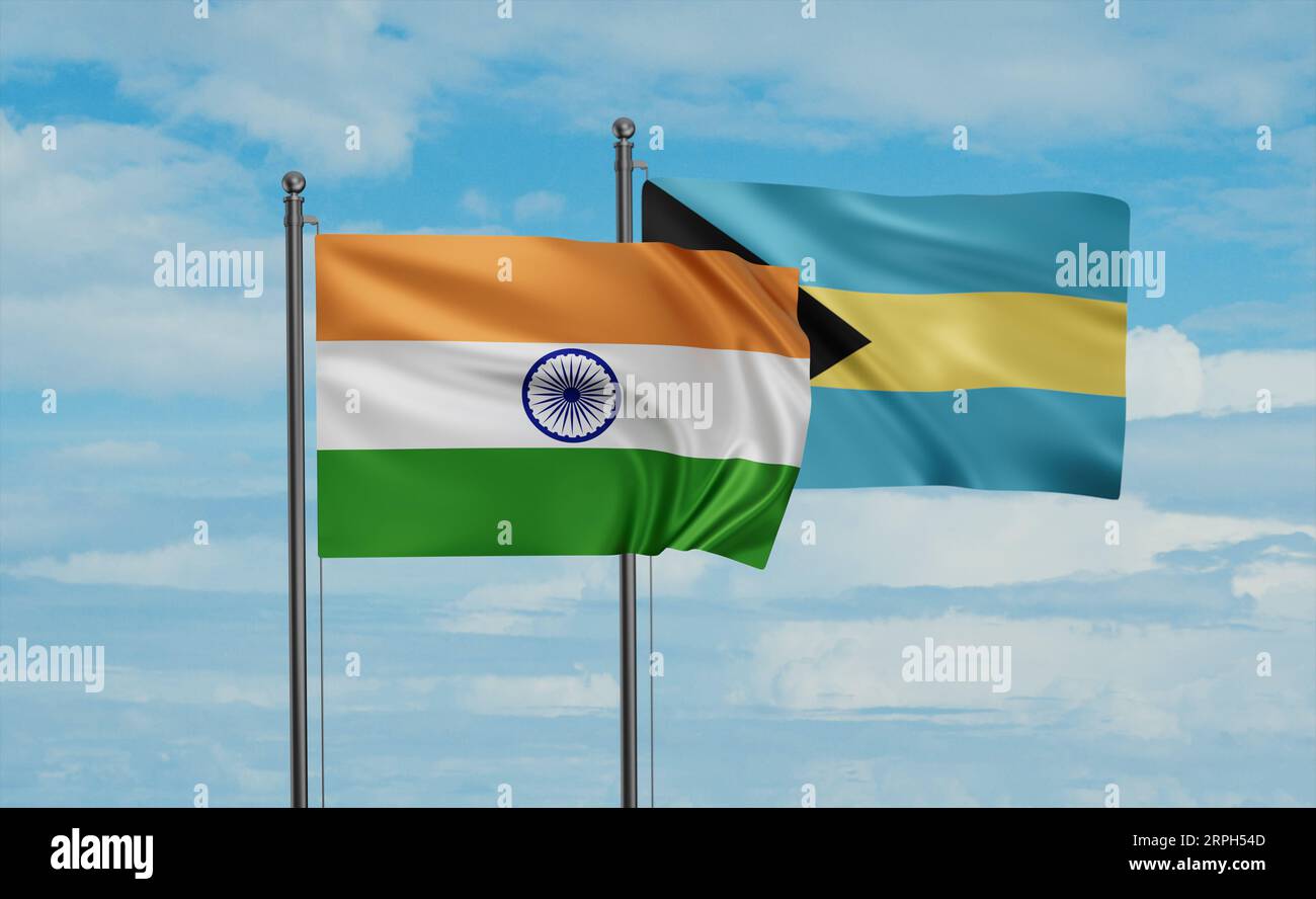Bahamas and India flag waving together in the wind on blue sky, two ...