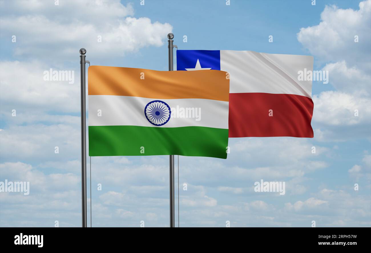 Chile flag and India flag waving together on blue sky, two country ...