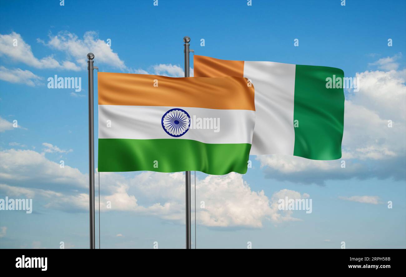 Ivory Coast or Cote d'Ivoire and India flag waving together in the wind ...