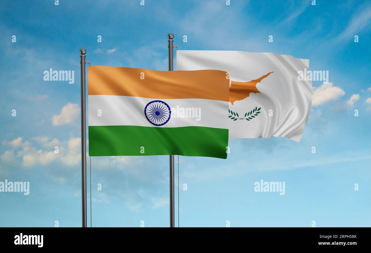 Cyprus flag and India flag waving together on blue sky, two country ...