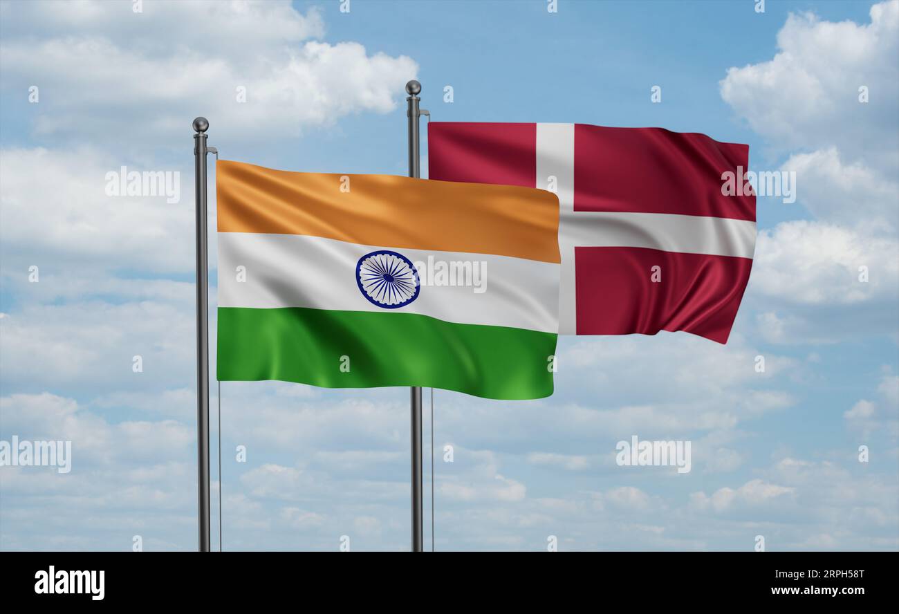 Denmark flag and India flag waving together on blue sky, two country ...