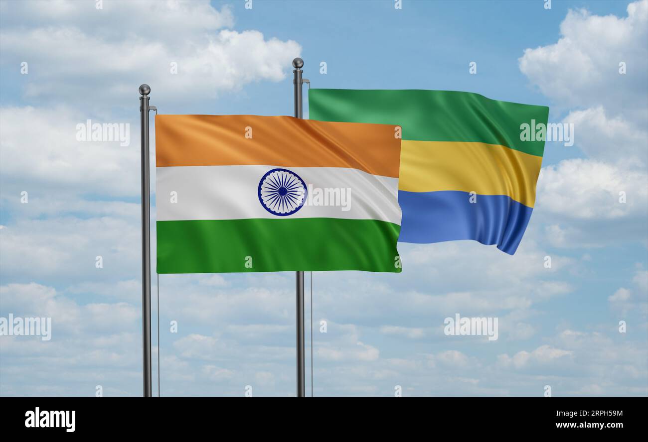 Gabon flag and India flag waving together on blue sky, two country ...