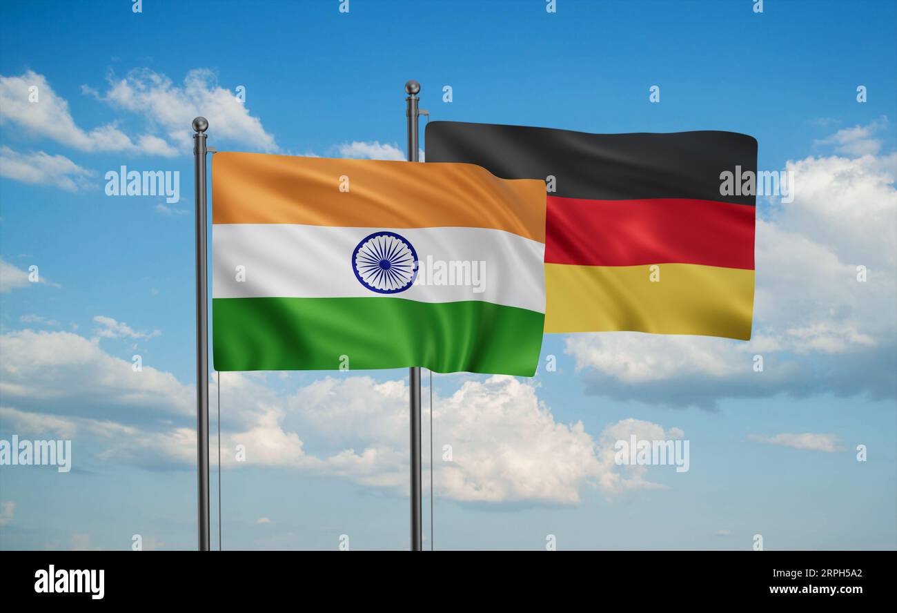 Germany flag and India flag waving together on blue sky, two country ...