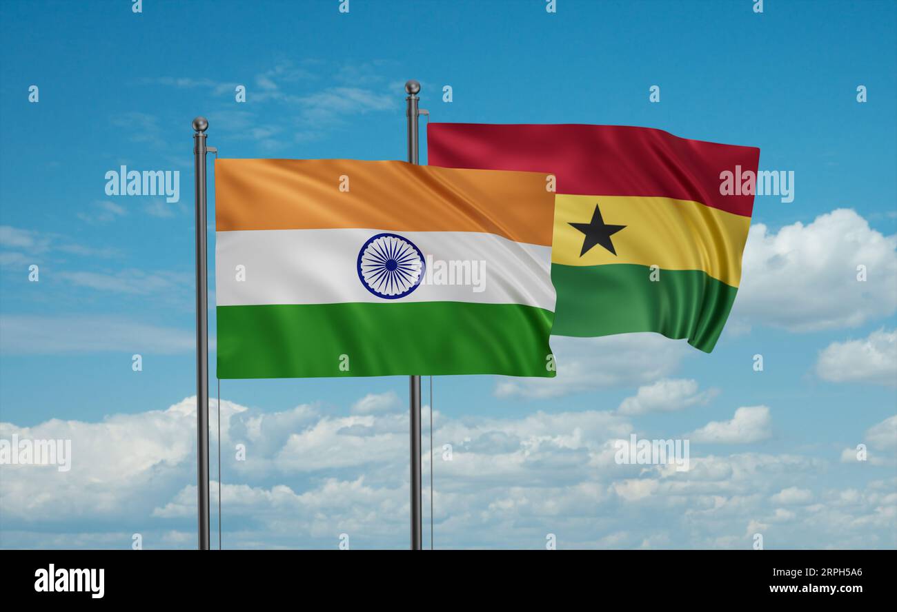 Ghana flag and India flag waving together on blue sky, two country ...