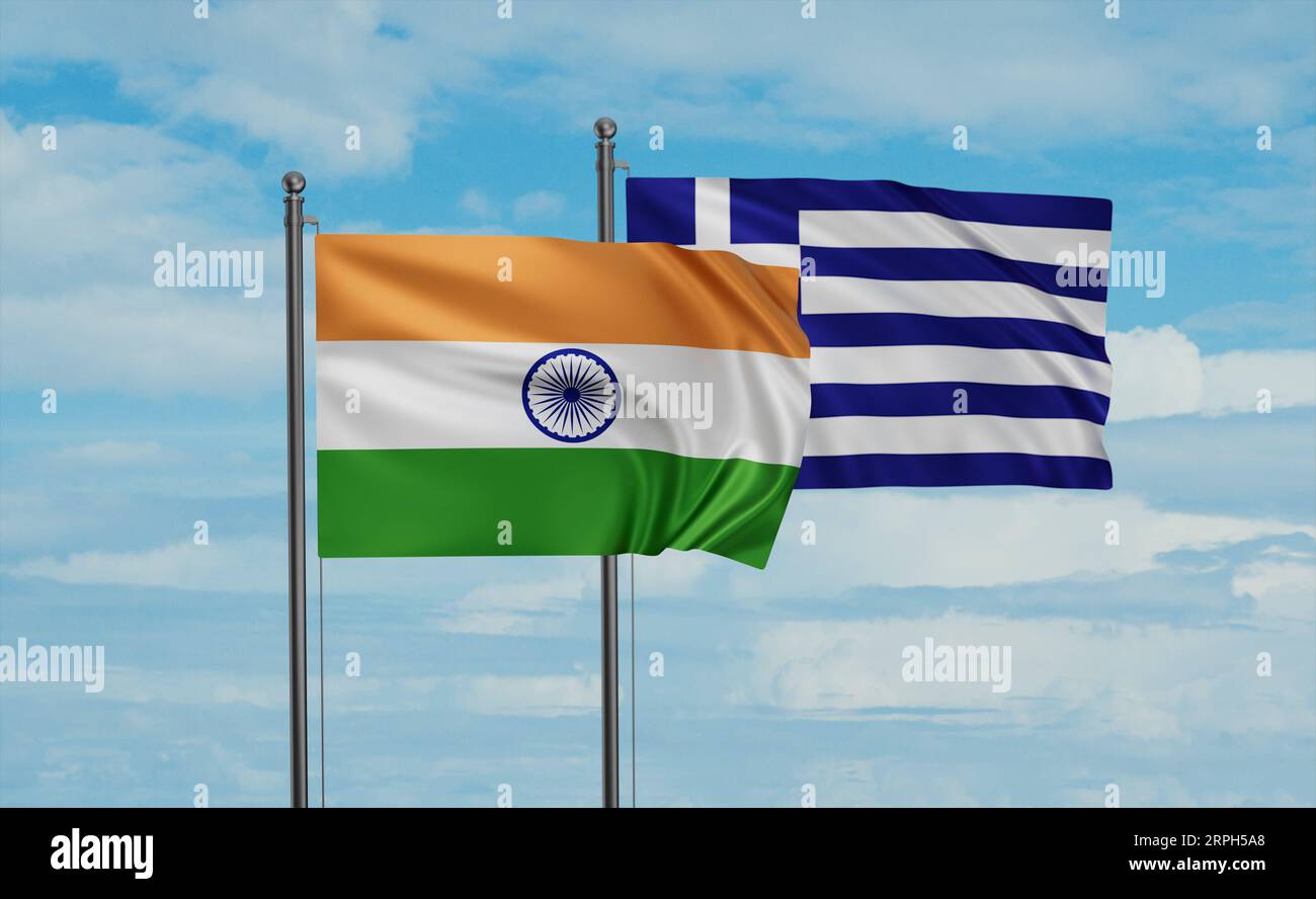 Greece flag and India flag waving together on blue sky, two country ...
