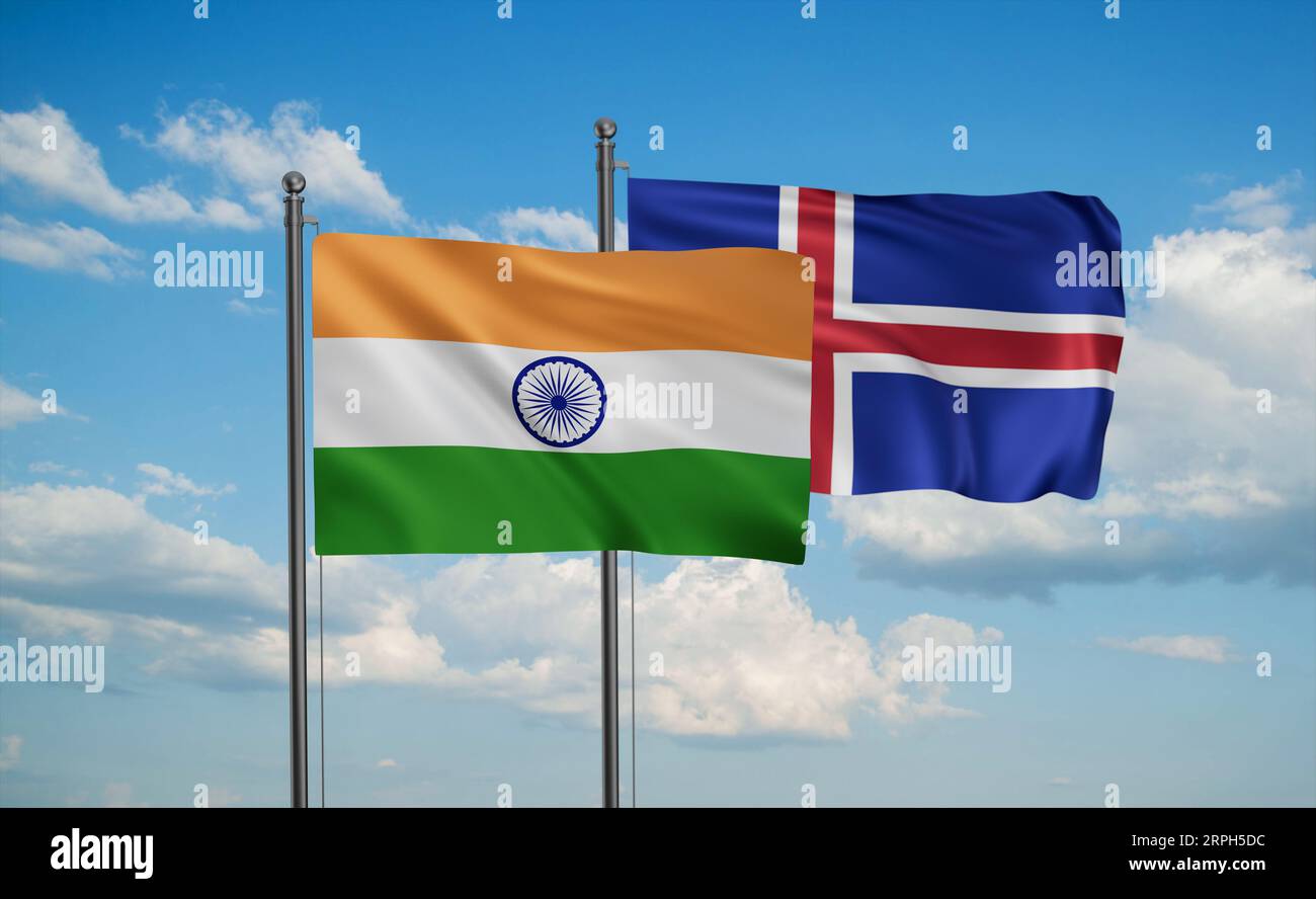 Iceland and India flag waving together in the wind on blue sky, two ...
