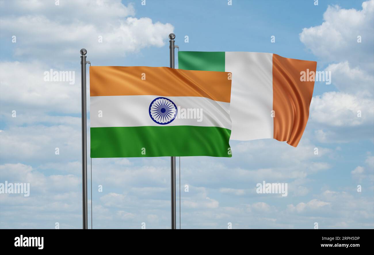 Ireland and India flag waving together in the wind on blue sky, two ...