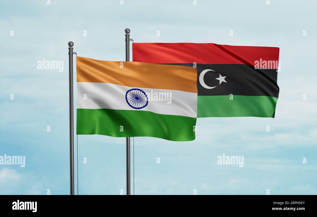 Libya and India flag waving together in the wind on blue sky, two ...