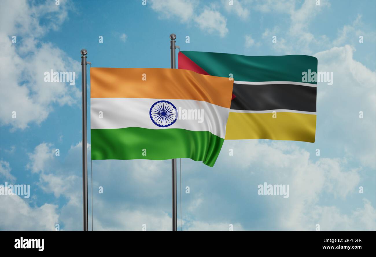 Namibia and India flag waving together in the wind on blue sky, two ...