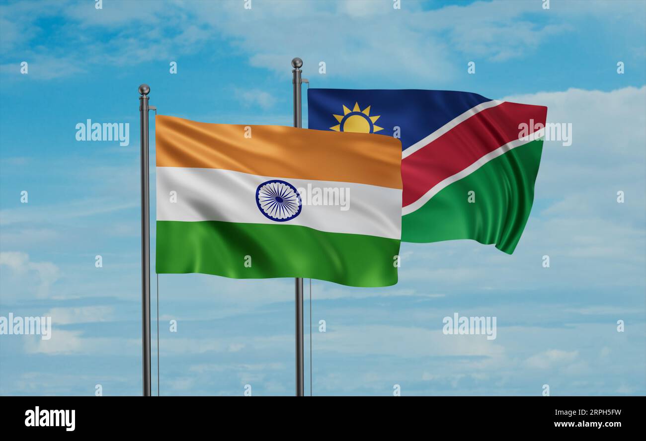 Namibia and India flag waving together in the wind on blue sky, two ...