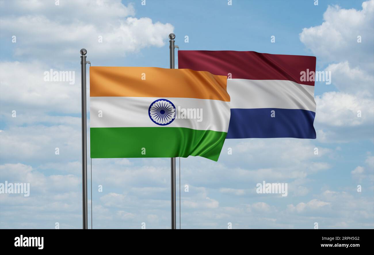 Netherlands flag and India flag waving together on blue sky, two ...