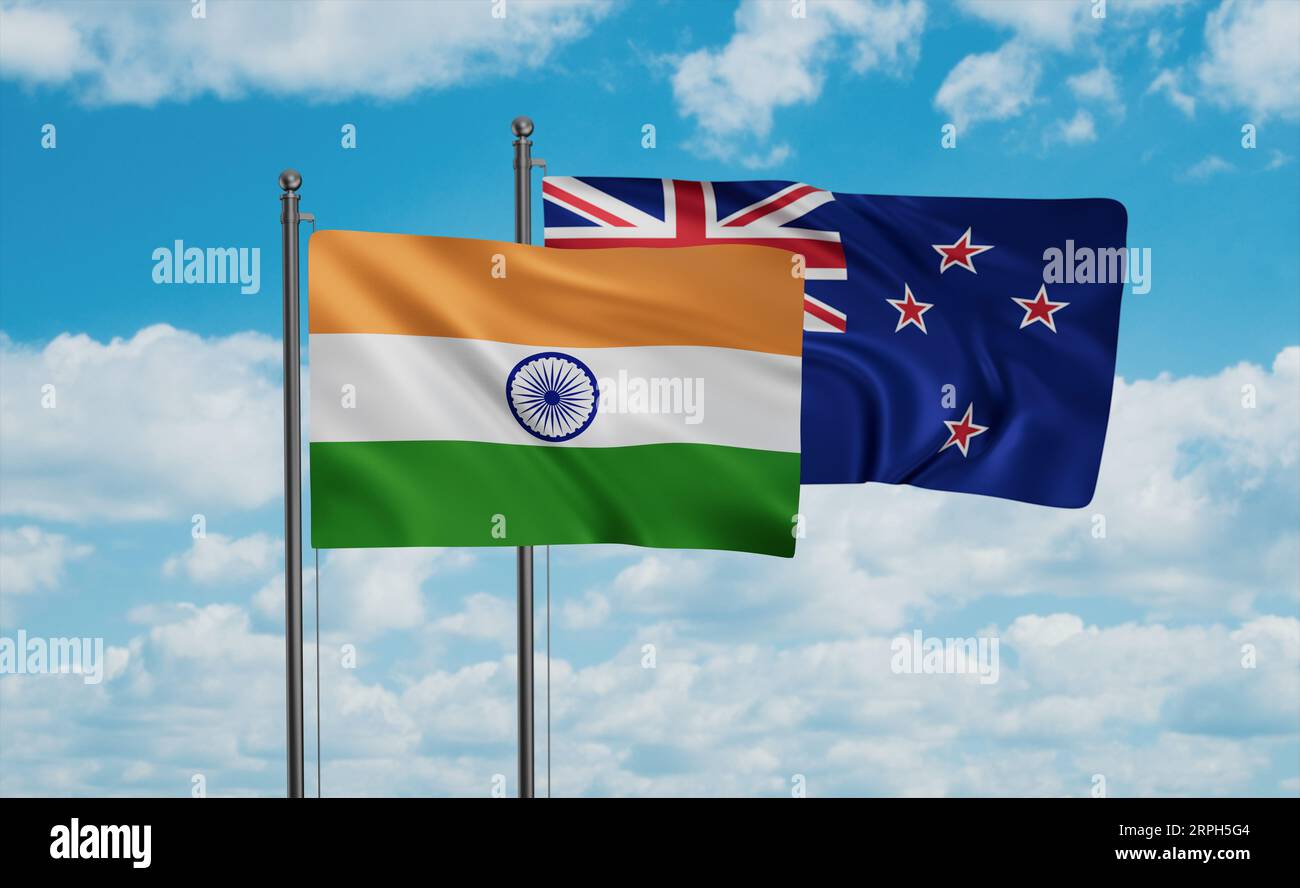New Zealand and India flag waving together in the wind on blue sky, two ...