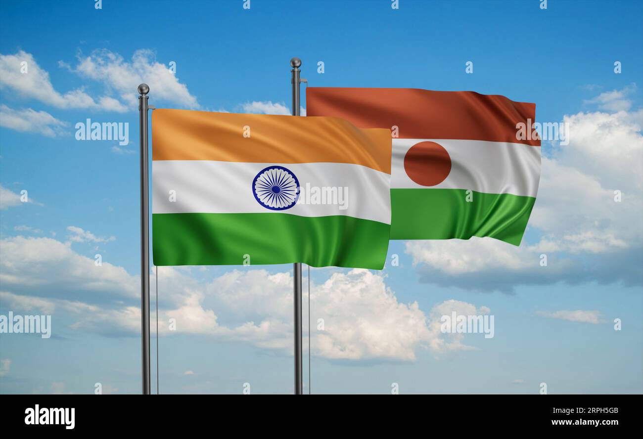 Niger flag and India flag waving together on blue sky, two country ...