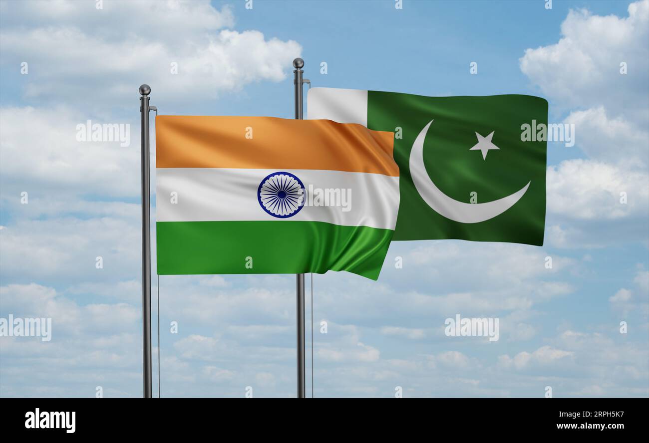 Pakistan flag and India flag waving together on blue sky, two country ...