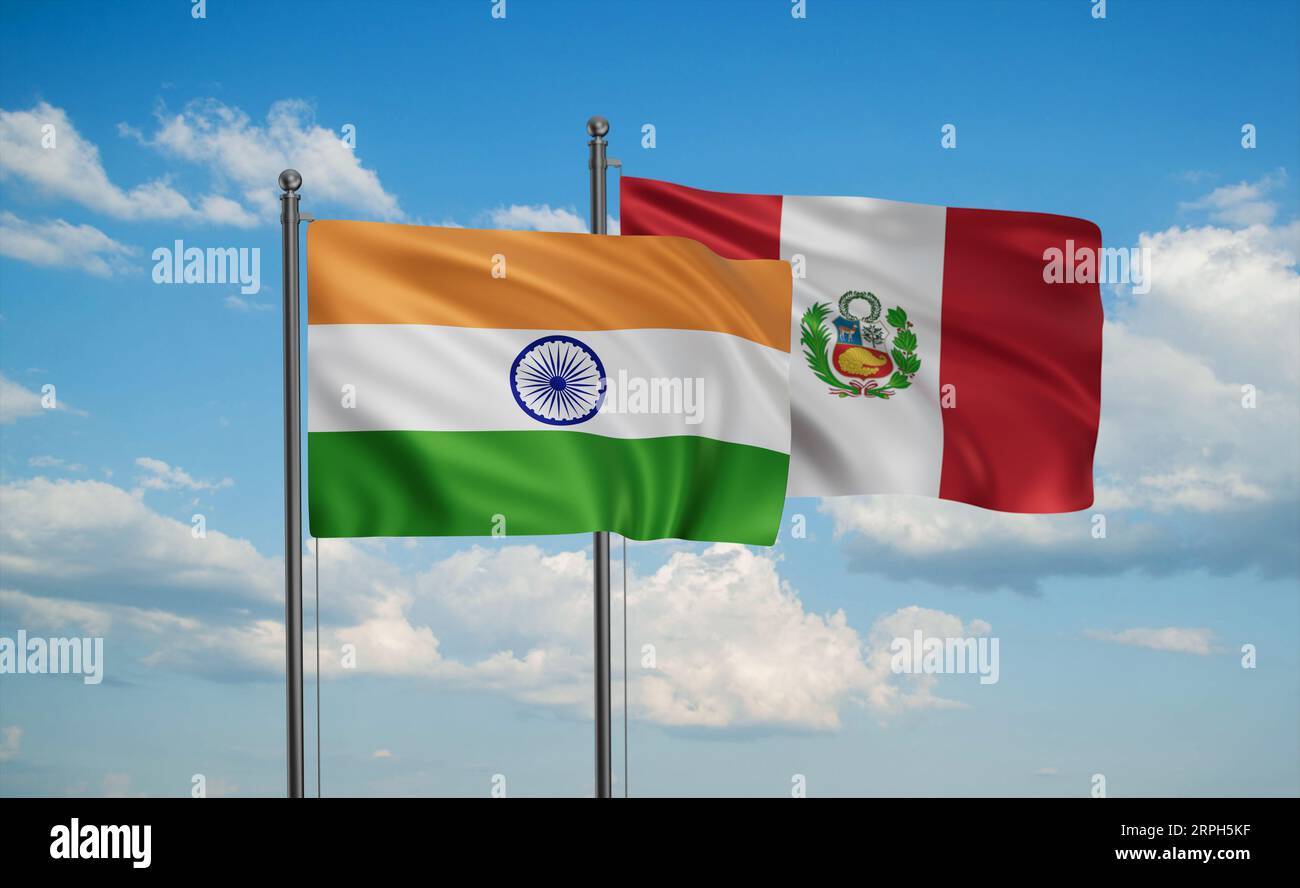 Peru and India flag waving together in the wind on blue sky, two ...