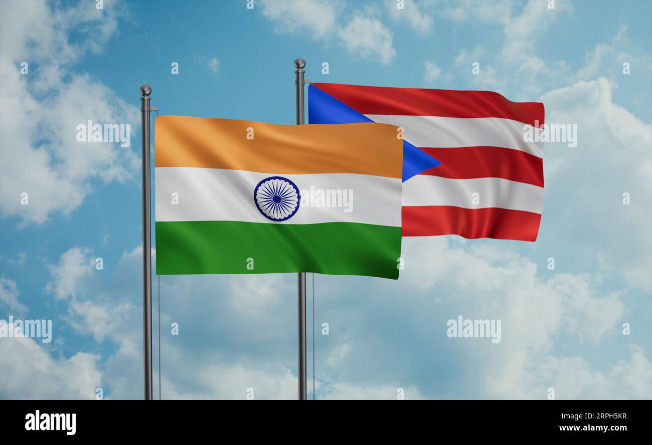 Puerto Rico and India flag waving together in the wind on blue sky, two ...