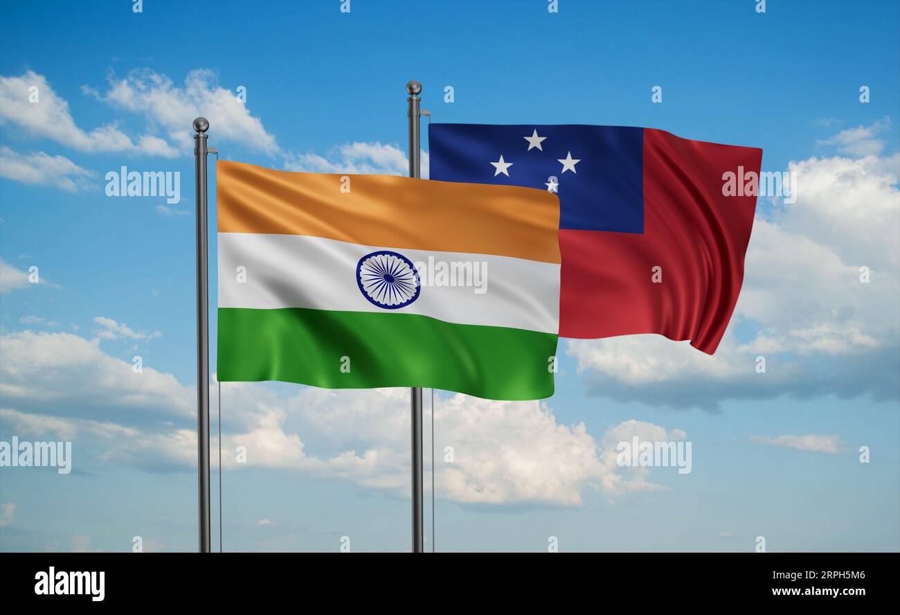 Samoa and India flag waving together in the wind on blue sky, two ...