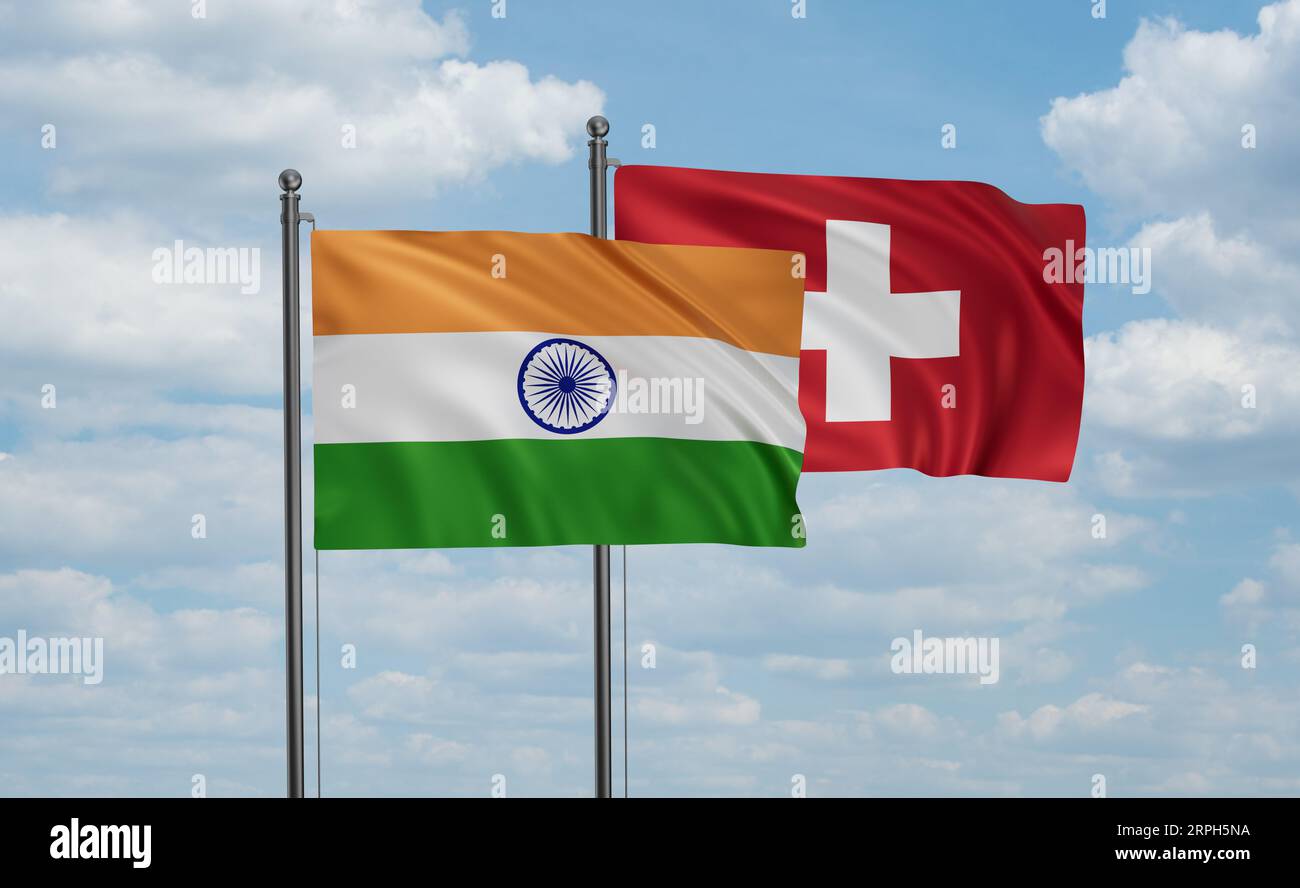 Switzerland and India flag waving together in the wind on blue sky, two ...