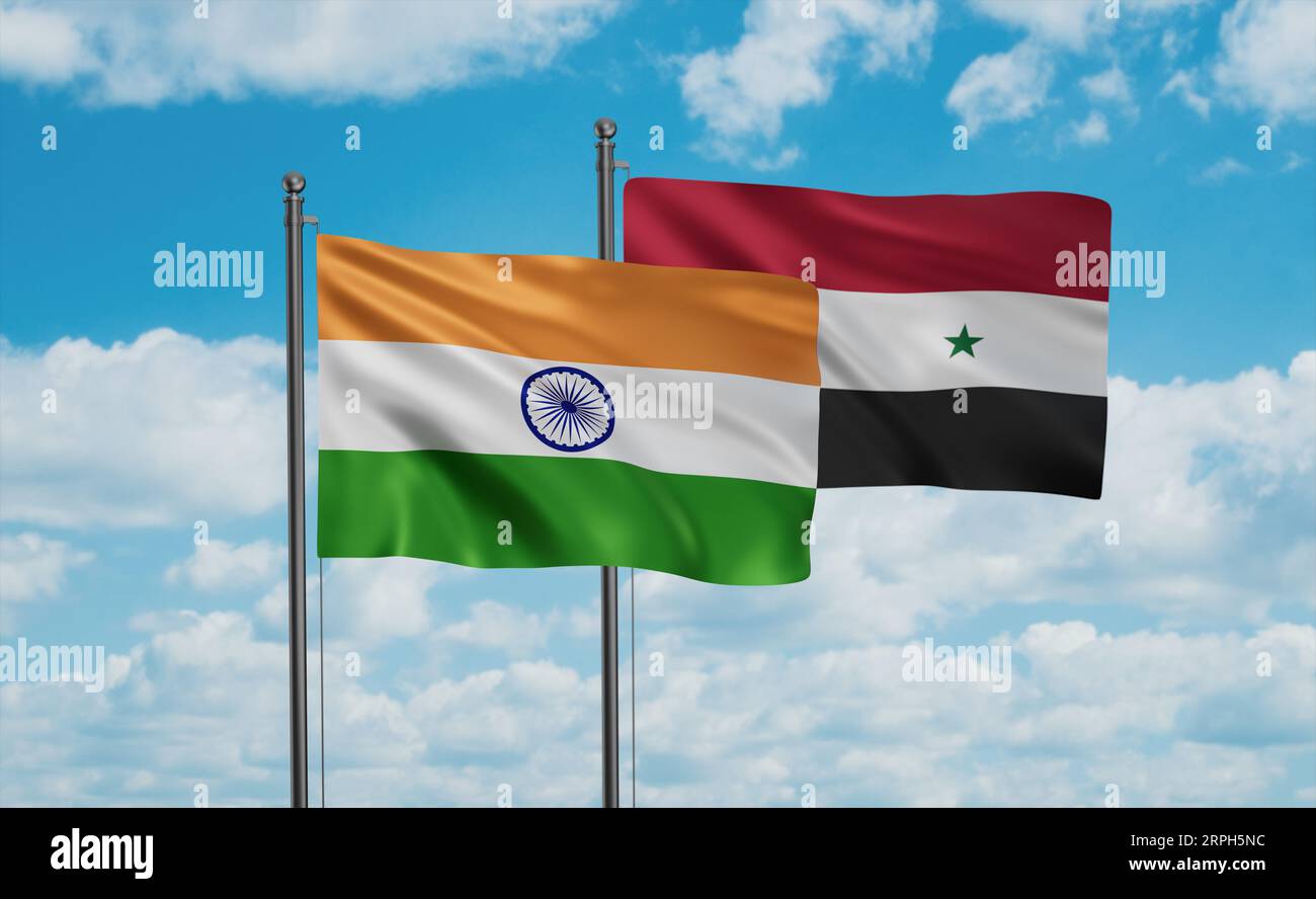 Syrian Arab Republic, Syria and India flag waving together in the wind ...