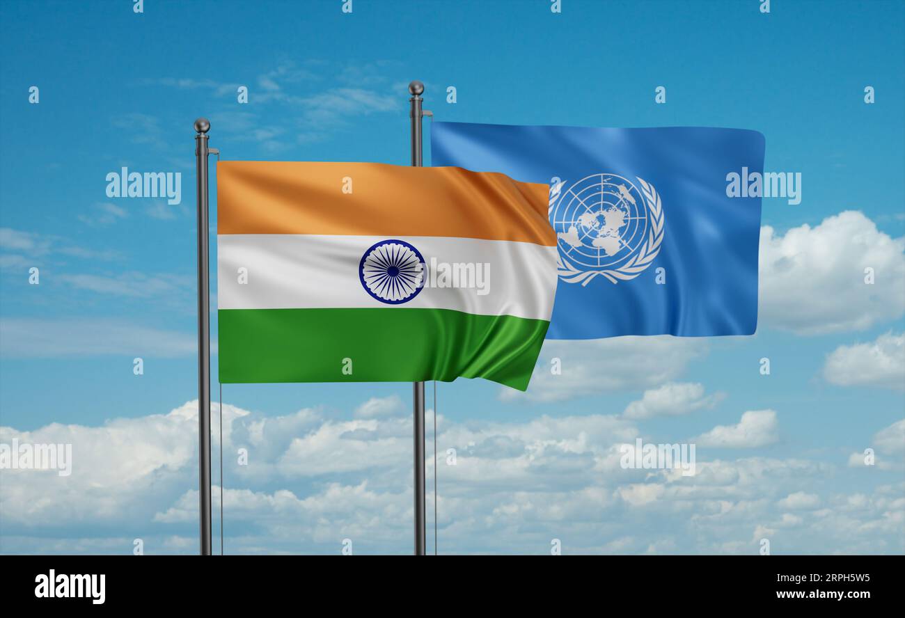 United Nations and India flag waving together in the wind on blue sky ...
