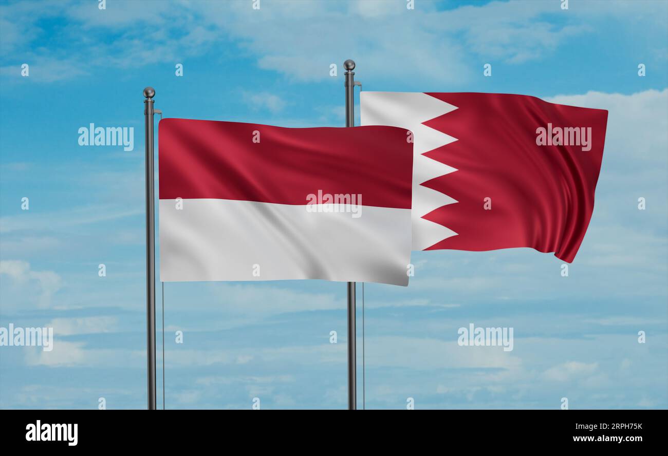Bahrain flag and Indonesia and Bali island flag waving together on blue ...