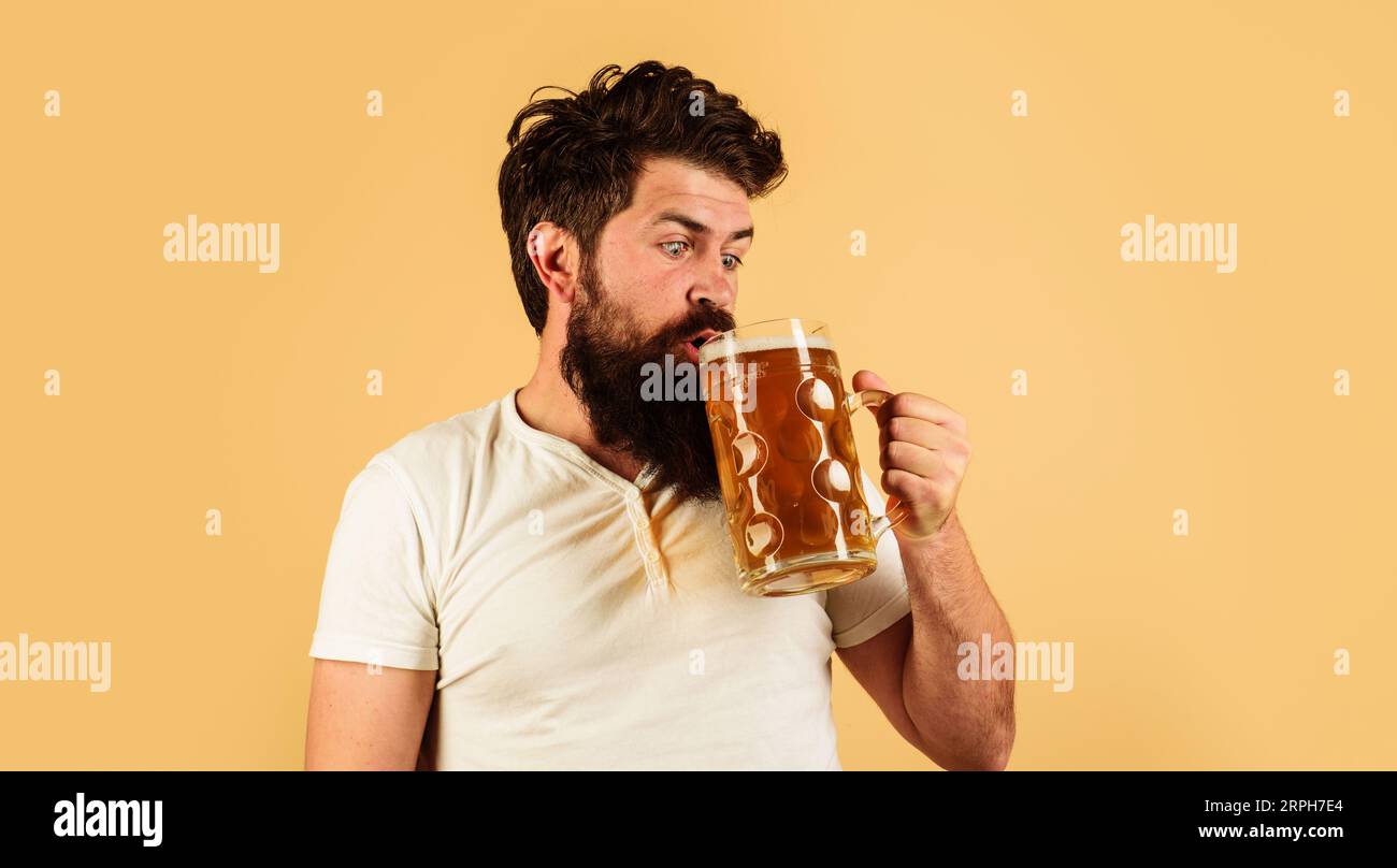 Oktoberfest festival. Beer time. Craft beer at restaurant. Bearded man ...