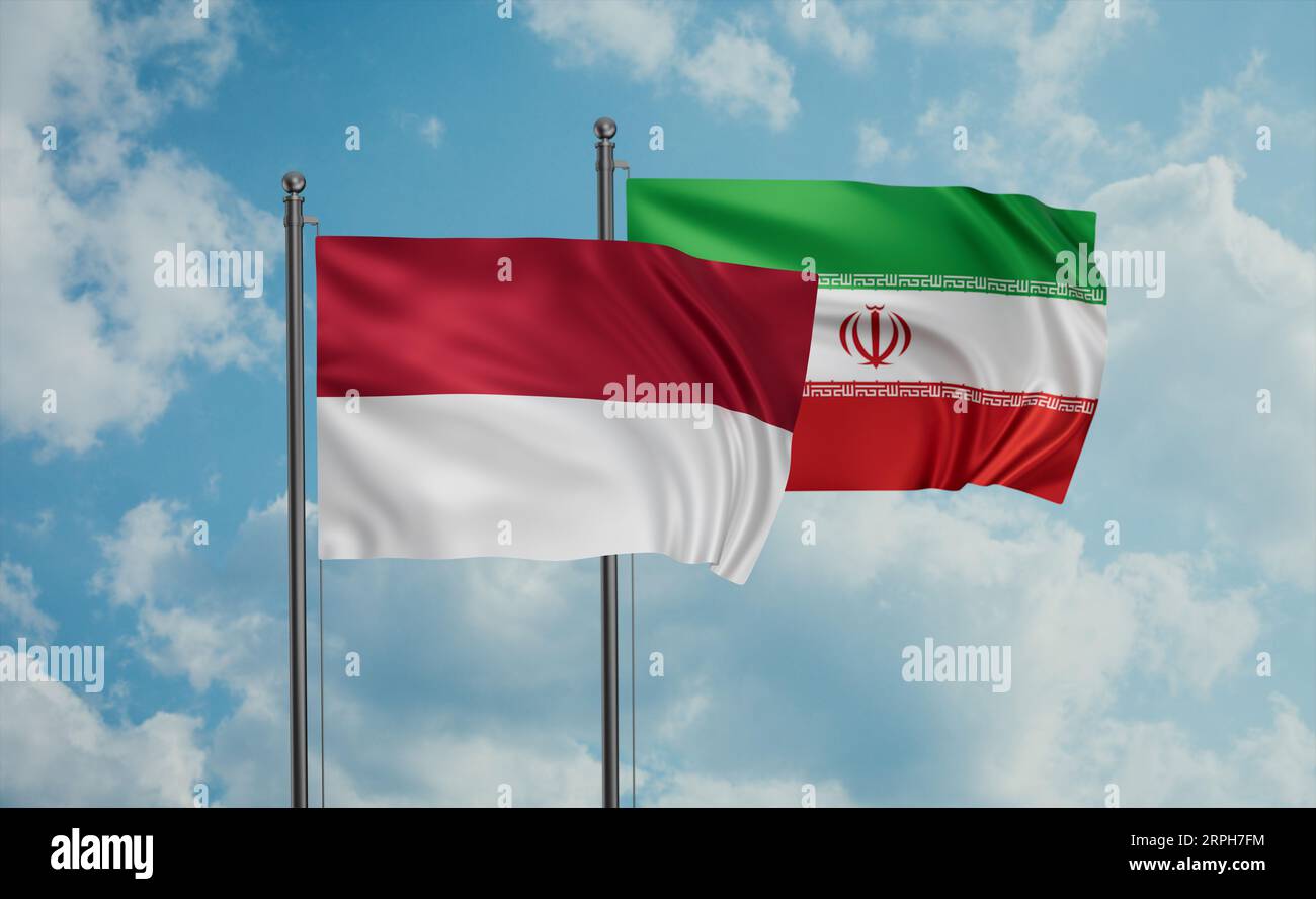 Iran flag and Indonesia and Bali island flag waving together on blue ...