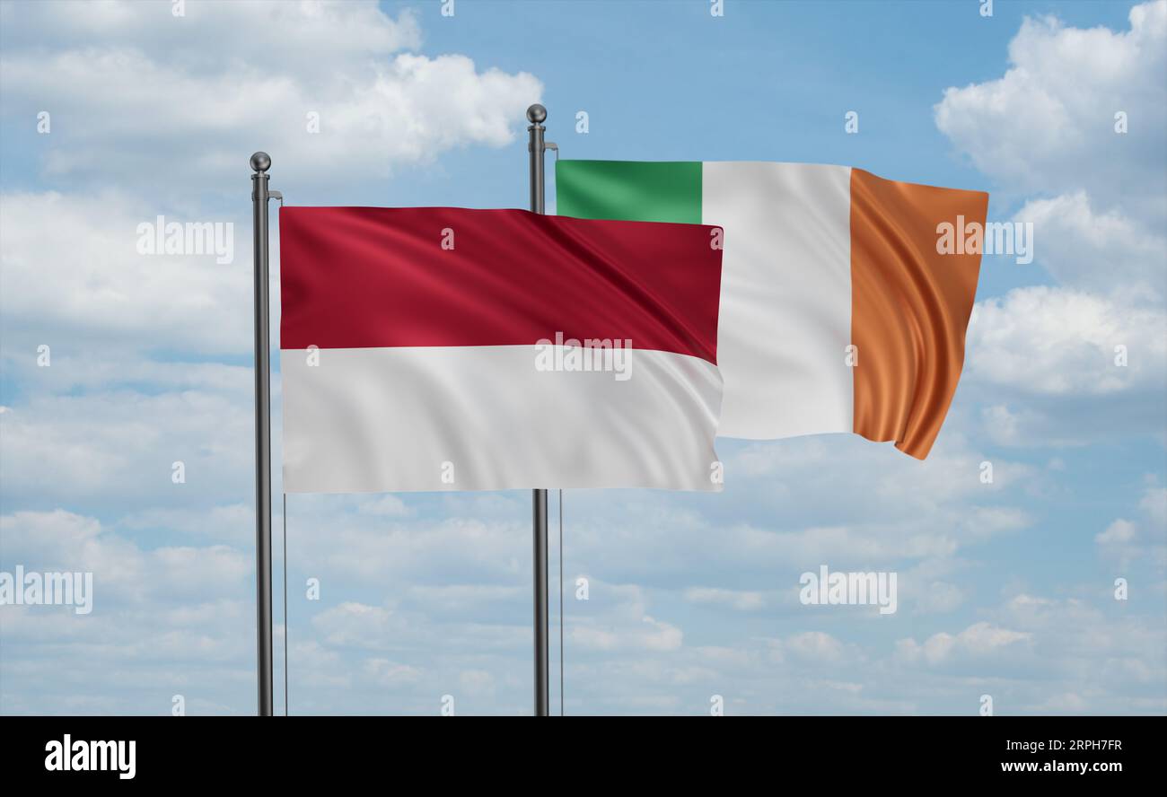 Ireland and Indonesia and Bali island flag waving together in the wind ...