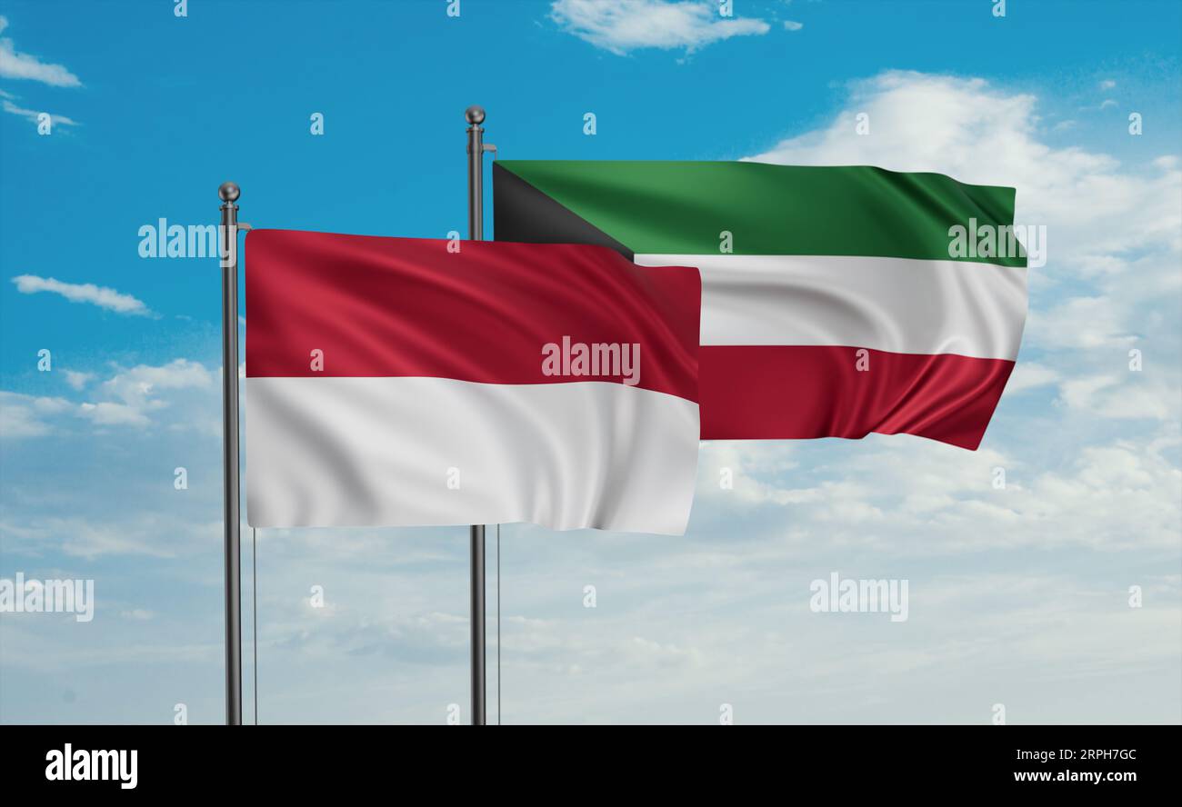 Kuwait and Indonesia and Bali island flag waving together in the wind ...