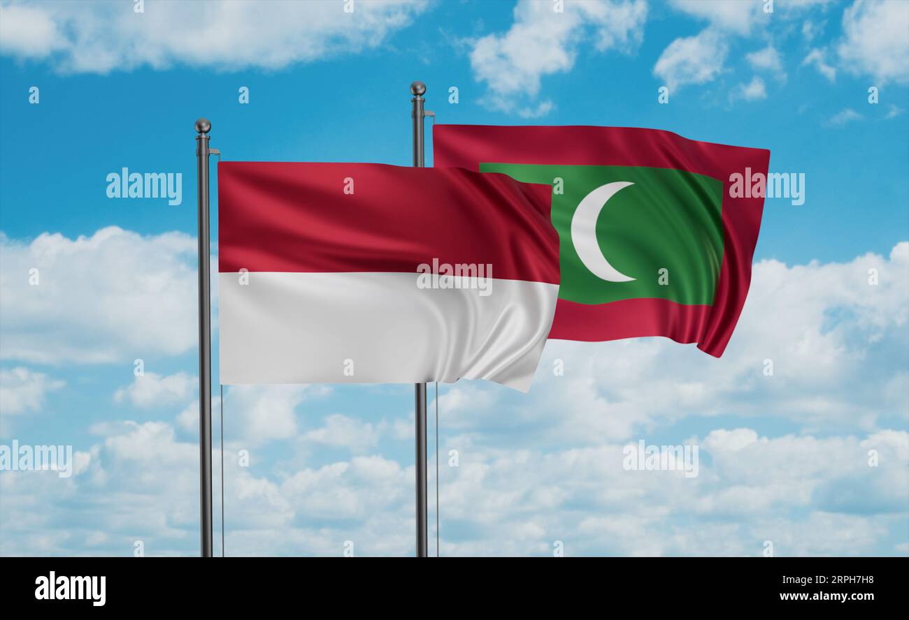 Maldives flag and Indonesia and Bali island flag waving together on ...