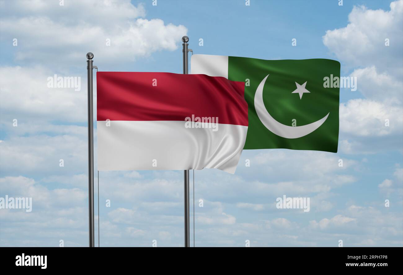 Pakistan flag and Indonesia and Bali island flag waving together on ...