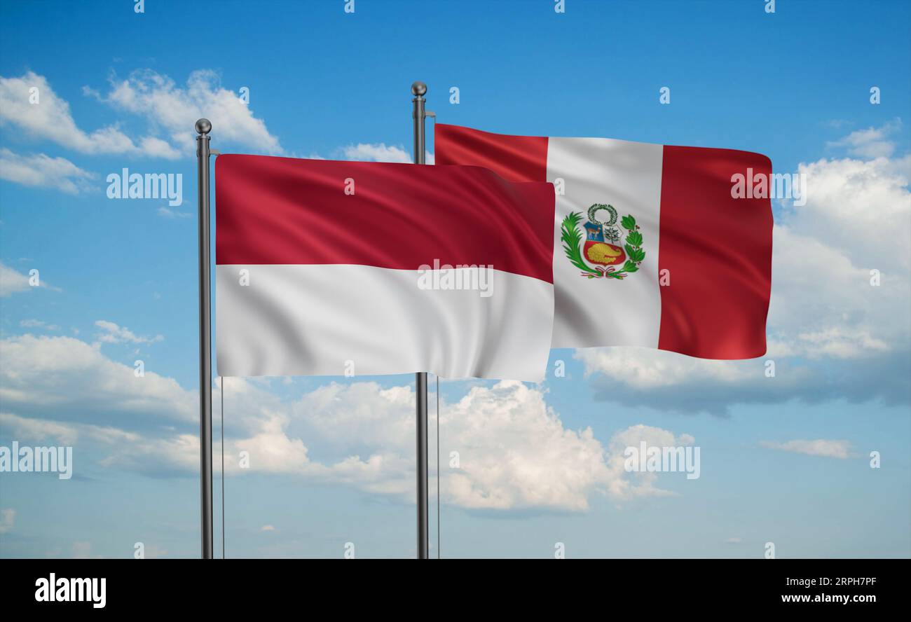 Peru and Indonesia and Bali island flag waving together in the wind on ...