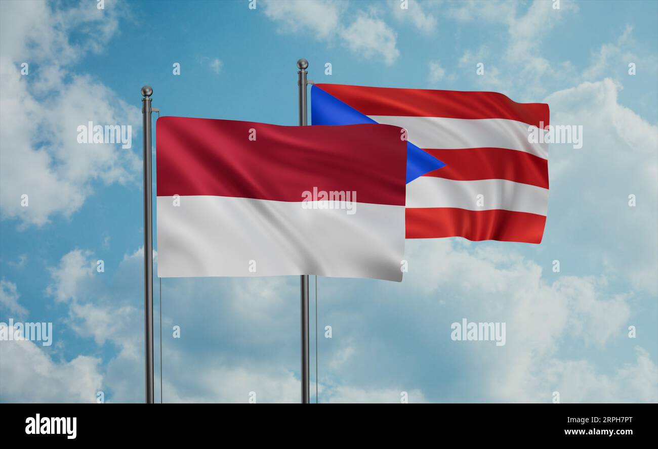 Puerto Rico and Indonesia and Bali island flag waving together in the ...
