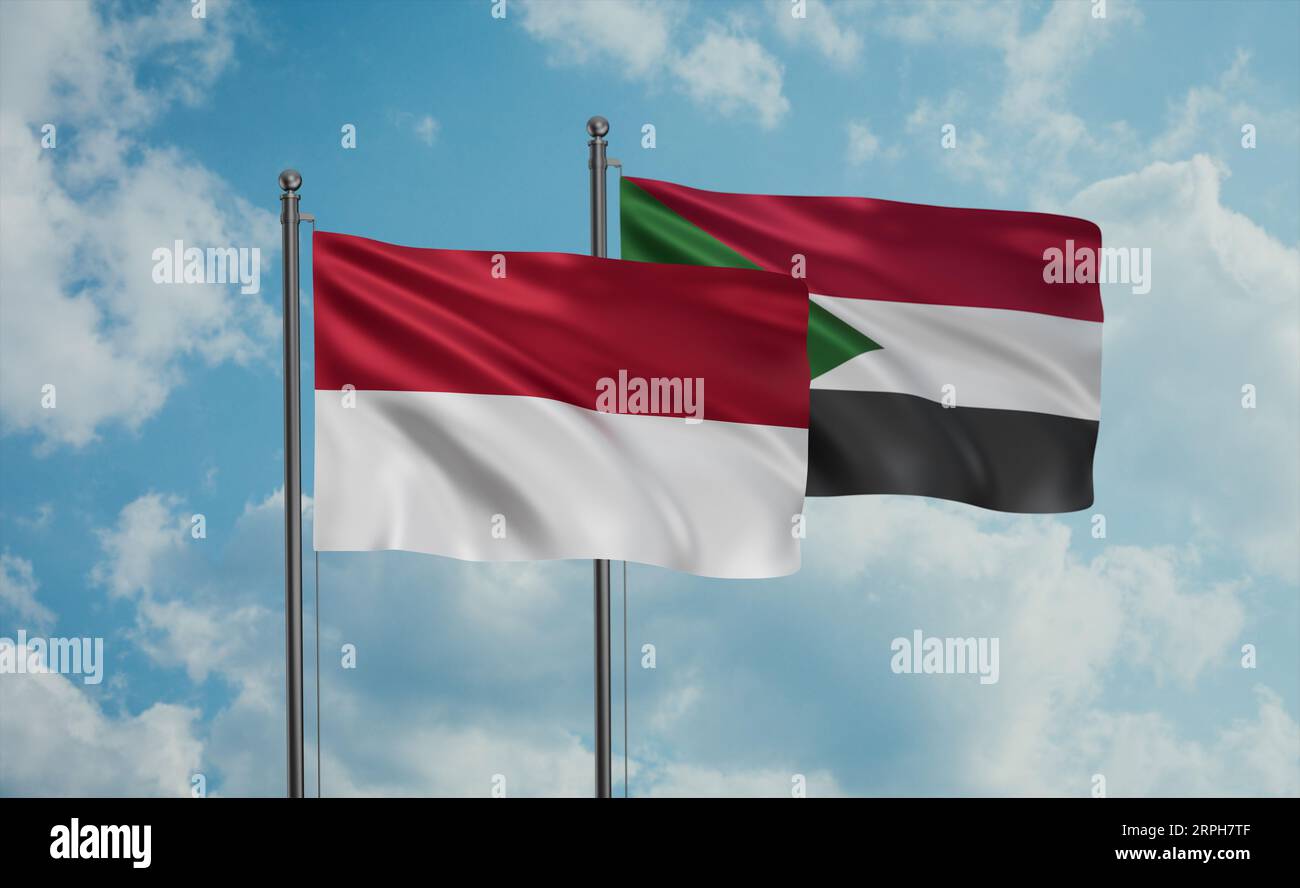 Sudan and Indonesia and Bali island flag waving together in the wind on ...