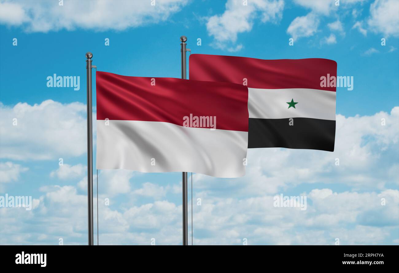 Syrian Arab Republic, Syria and Indonesia and Bali island flag waving ...