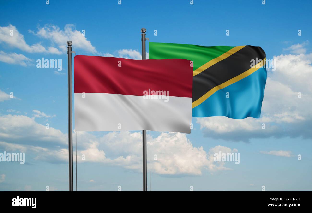 Tanzania and Indonesia and Bali island flag waving together in the wind ...