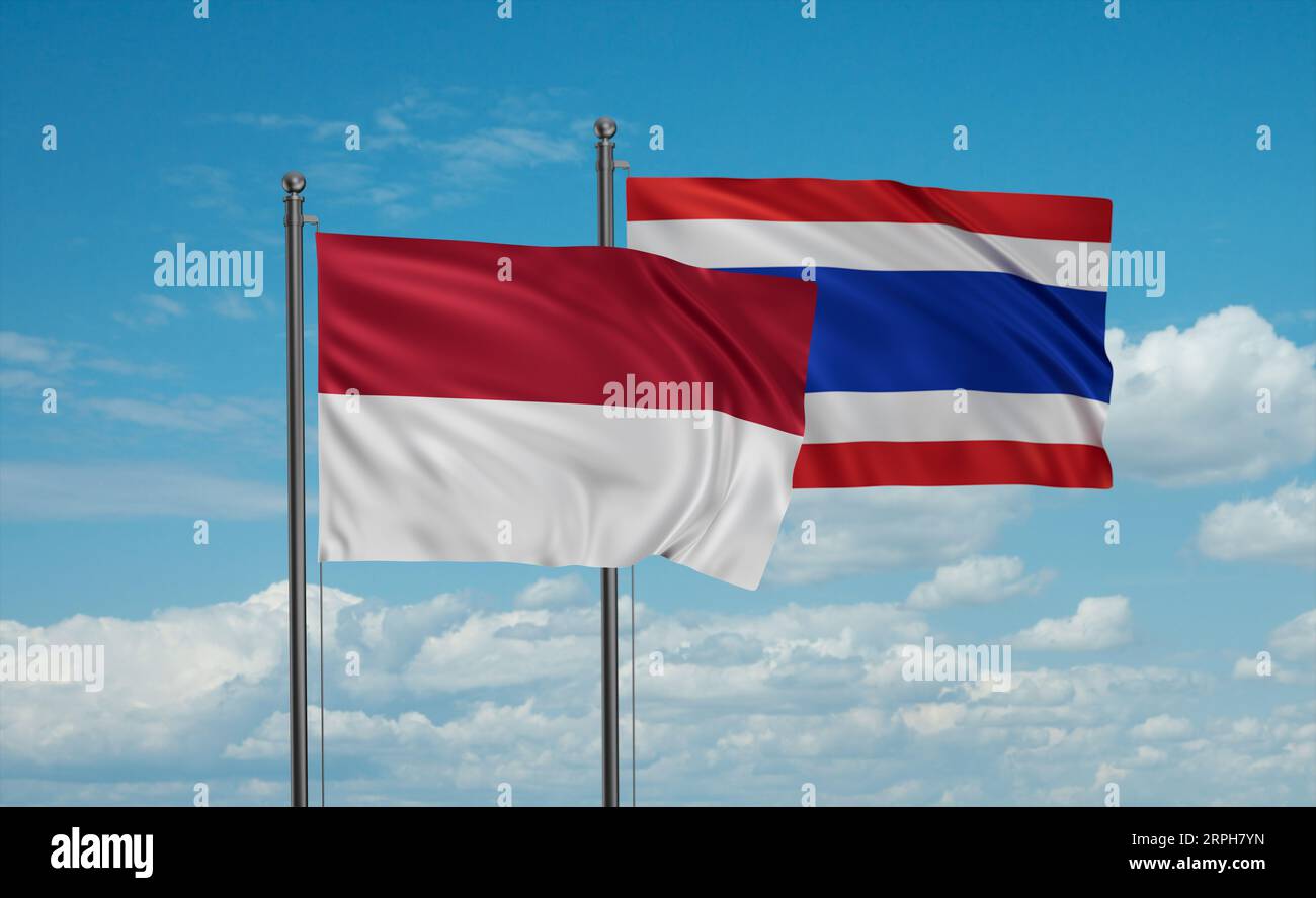Kingdom of Thailand and Indonesia and Bali island flag waving together ...