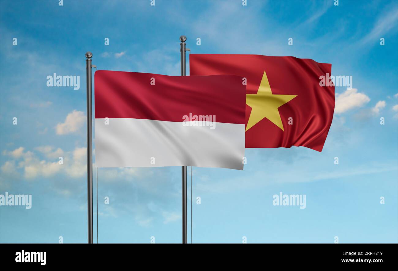 Vietnam and Indonesia and Bali island flag waving together in the wind ...