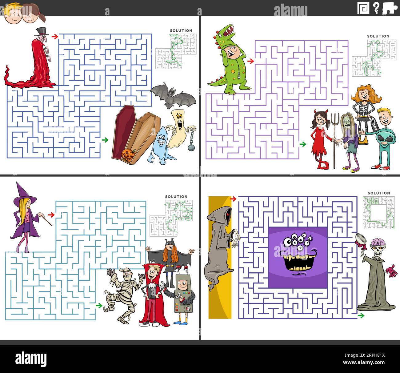 Cartoon illustration of educational maze puzzle activities set with ...